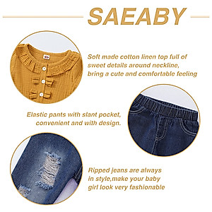 18 Months Girl Clothes Toddler Baby Girl Outfits Fall Long Sleeve Top Ripped Jeans Set Winter Baby Girl Clothes 18-24 Months Yellow