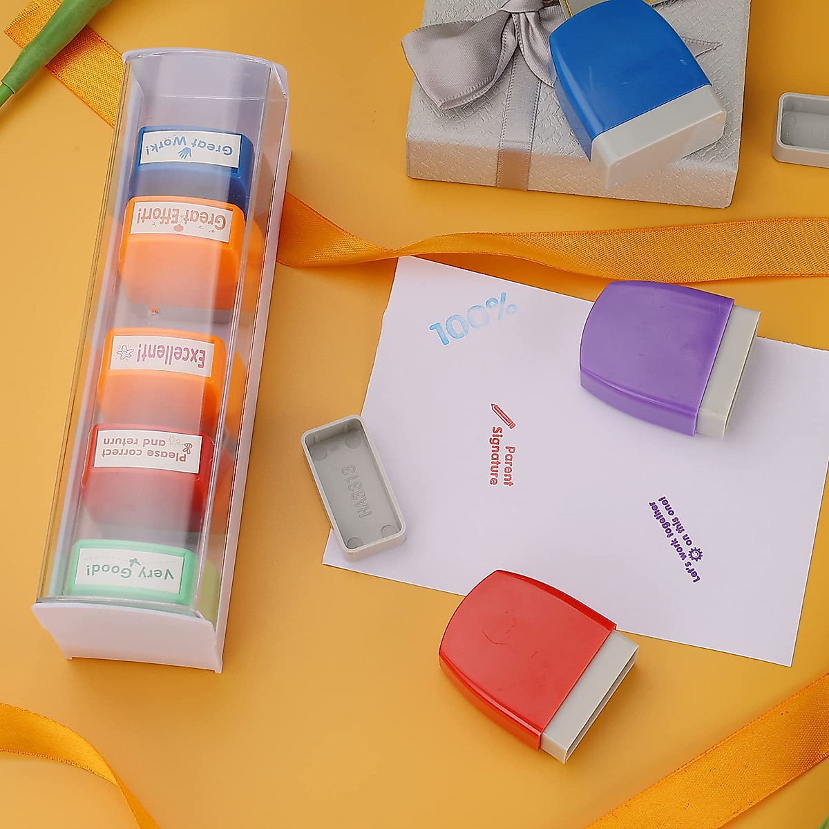 Tmtains 8Pcs Teacher Stamps for Classroom Teacher Supplies Self-inking Grading Stamps Encouraging Comments for Parent Signature School Teachers Review Feedback Homework Reward Colorful Stamp with Tray