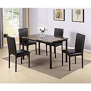 5-Piece Kitchen Dining Table Set for Dining Room, Kitchen, Dinette, Compact Space w/Modern Paper Faux Marble End Table Tabletop, 4-Piece Metal Frame Dining Seats - Black