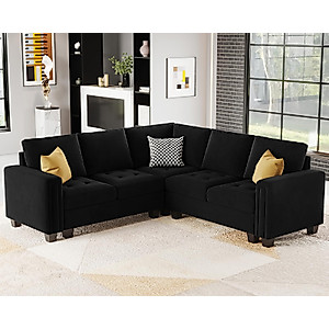 Belffin Velvet Modular Sectional Sofa Convertible Sectional Sofa Couch with Reversible Chaise L Shaped 4 Seater Corner Sofa Couch Black