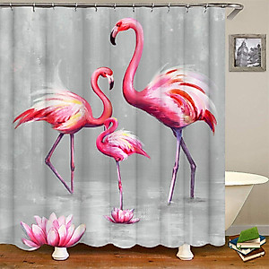 RnnJoile Flamingo Shower Curtains for Bathroom Tropical Shower Curtain Pink and Gray Fabric Bathroom Decor with Hooks 72"X72" Inches