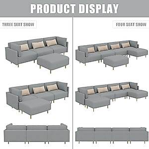 MGH Sectional Sofa Couch, Luxury Contemporary U-Shape Sofa Set,Linen Fabric 4-Seat and 2 Ottoman Living Room Couch Chaise Living Room Furniture Sets,Grey