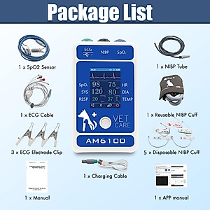 Handheld Veterinary Pulse Oximeter,Rechargeable Dog Blood Pressure Monitor, 6 Parameters Animal Patient Mnitoring Equipment with 2.4" Display and Bluetooth for Family Pets Cat Home Clinic Use