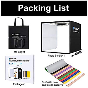 Photo Studio Box, PULUZ Mini Folding Lightbox LED Ring Light Portable Photo Studio Photography Shooting Tent Box Kit 12 Colors Backdrops USB Light Box for Phones DSLR Camera (9.8 x 9.8 inch)