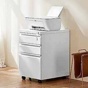 OLIXIS Home Office, File Cabinet Fireproof with Lock, Mobile Storage with Pre-Assembled, 3 Drawer, White