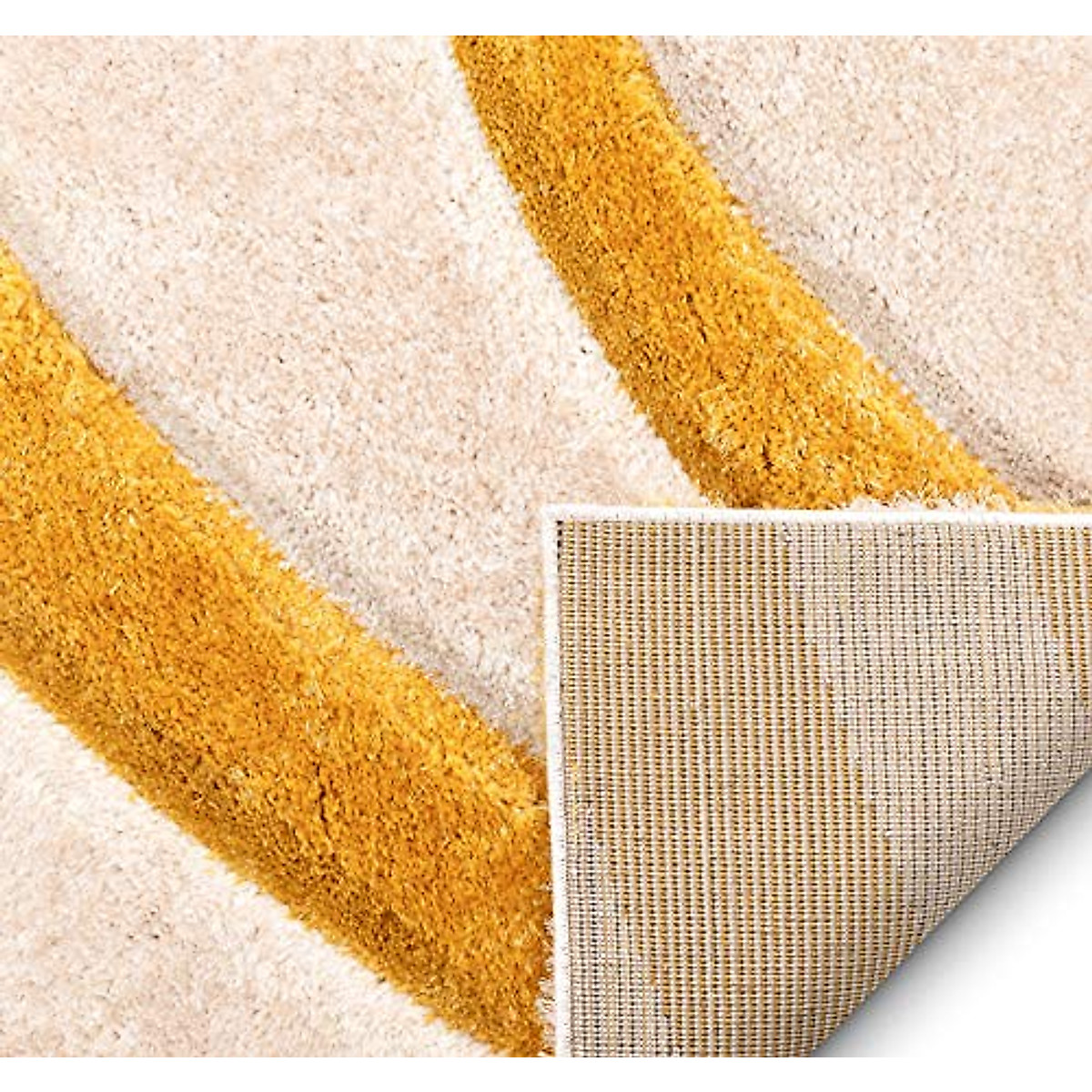 Well Woven Olly Yellow Geometric Stripes Thick Soft Plush 3D Textured Shag Area Rug 8x10 (7'10" x 9'10")