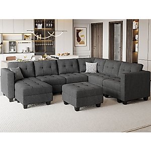 Belffin Modular Sectional Sofa Set with Ottomans Oversized U Shaped Sofa Set with Storage Seat Modular Sofa Couch with Reversible Chaises Modern Fabric Dark Grey