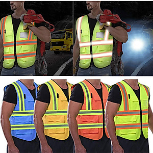 YOWESHOP High Reflective Visibility Safety Vest Custom Your Logo Safety Workwear with Reflective Strips and Front Zipper(Black-Green Webbing M)