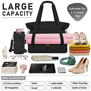 ETRONIK Gym Bag for Women, Yoga Mat Bag with Water Bottle Bag, 40L Weekender Overnight Bag with Shoe Compartment & Wet Pocket, Travel Duffle Bag Women for Yoga, Work, Hospital, Pilates and Gym, Black