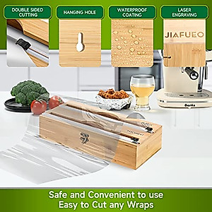JIAFUEO Foil and Plastic Wrap Organizer, 2 in 1 Plastic Wrap Dispenser with Cutter and Labels, Aluminum Foil Organization and Storage, Bamboo 12" Roll Organizers Holder for Kitchen Drawer