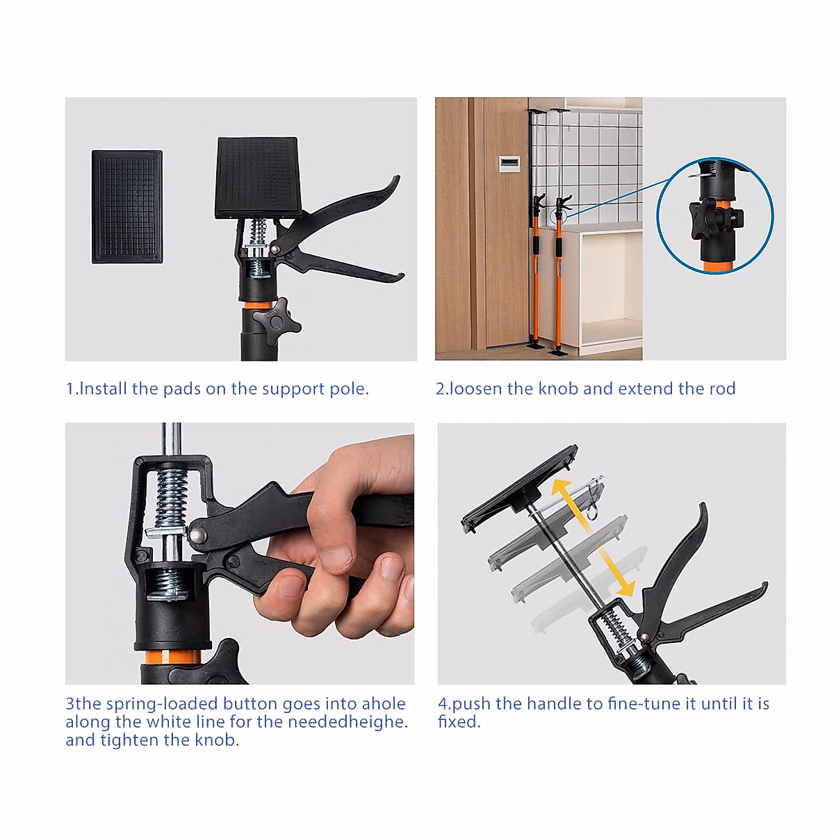 4PK Support Pole, Steel Telescopic Adjustable 3rd Hand Support System, Support Rod, Supports up to 154 lbs Construction Rods for Cabinet Jacks Cargo Bars Drywalls Extends from 49 Inch to 114 Inch