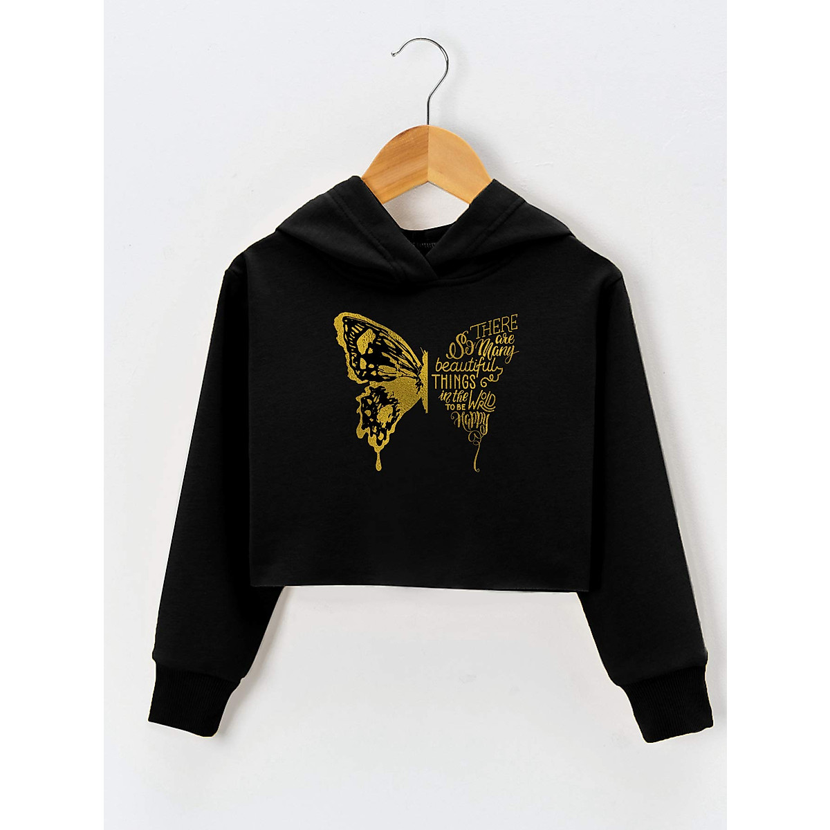G-Amber Kids Crop Tops Girls Hoodies Cute letters Long Sleeve Fashion Sweatshirts Black Butterfly