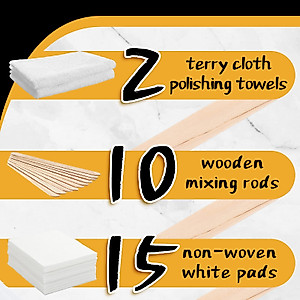 27 Pieces Wood Wax Applicator, Includes 15 White Non-Woven Pads 2 Terry Cloth Buffing Towels and 10 Stirring Sticks for Polishing Cutting Board and Multi Purpose Use in Home