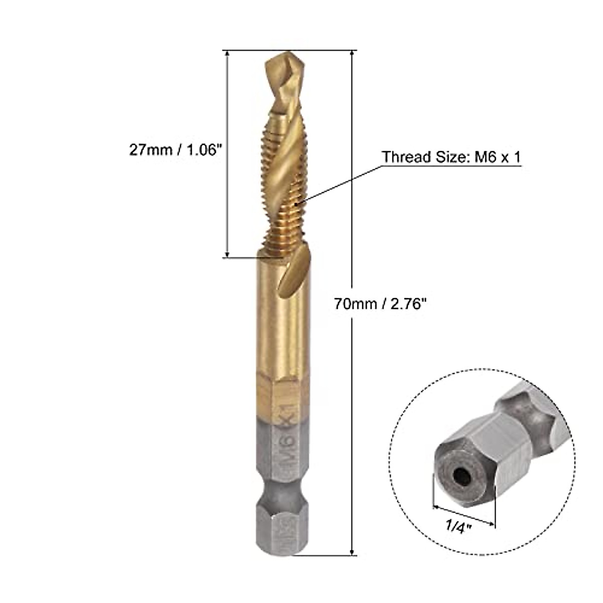 uxcell Combination Drill and Tap Bit, 1/4" Hex Shank M6 x 1 Metric Titanium Coated High Speed Steel 4341 Spiral Flute Drilling Tapping Tool Extra Long