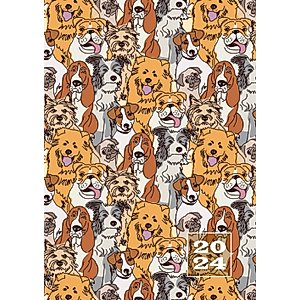 2024: Week To View With Hourly Schedule | Weekly Planner January - December | A4 Format Dated Agenda | Appointment Calendar | Organizer Book With Time Slots | Funny Dogs Pattern
