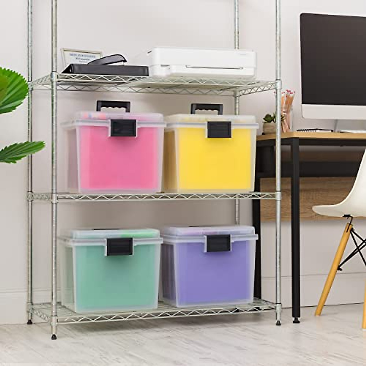 IRIS USA 19 Qt. WEATHERPRO Letter Size Portable File Box, 4 Pack, Plastic Storage Container with Organizer-Lid and Seal and Secure Latching Buckles, Weathertight, Clear with Black Buckle