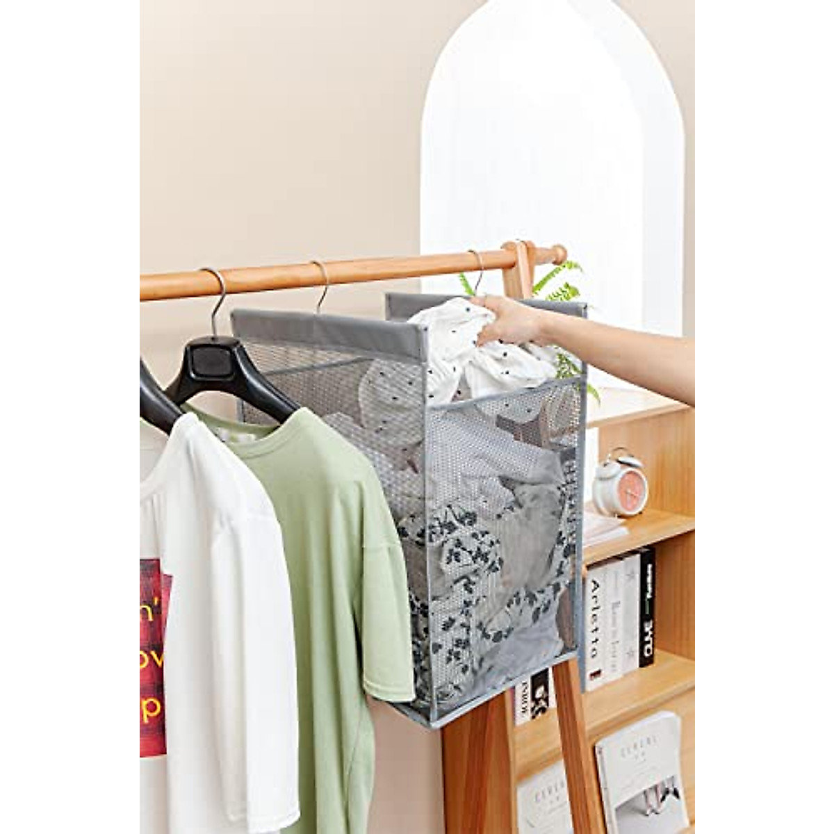ALYER Hanging Collapsible Closet Mesh Laundry Hamper,Heavy Duty Laundry Basket and Durable Dorm Bathroom Storage Bag with Two Hangers,Gray