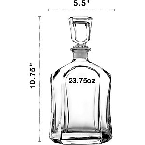 Whiskey Decanter Set with Whiskey Glasses and Airtight Stopper for Vodka, Bourbon, Brandy. Italian Glass | 23.75oz with 2 pack 11oz glasses, Made in Italy