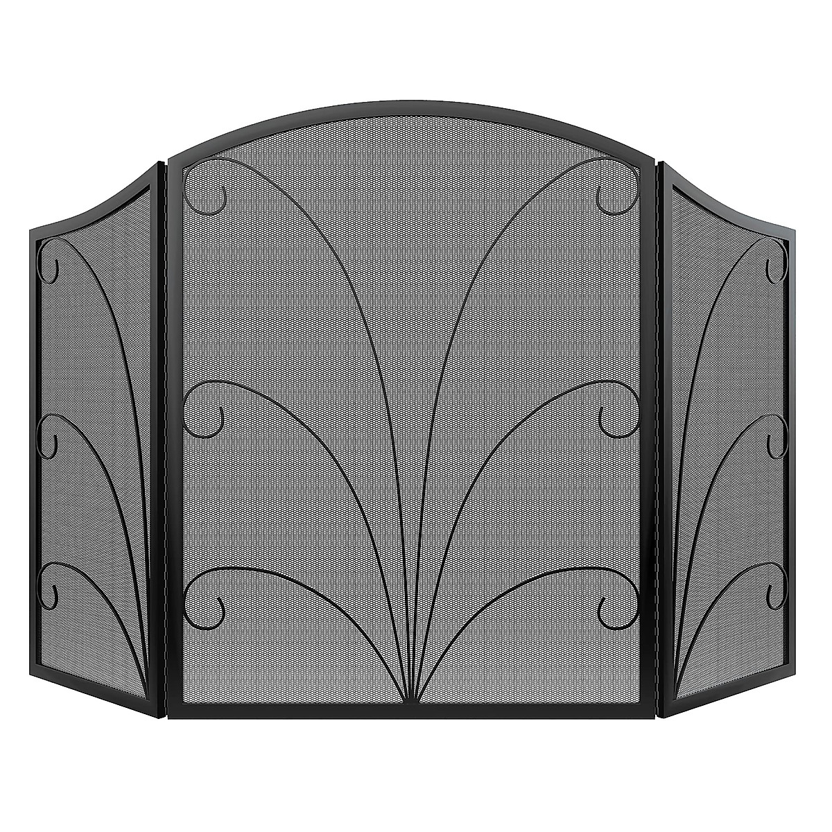 Kingson 3-Panel Arched Fireplace Screen Decorative, Handcrafted Scroll Wrought Iron Fireplace Spark Guard Cover - Black