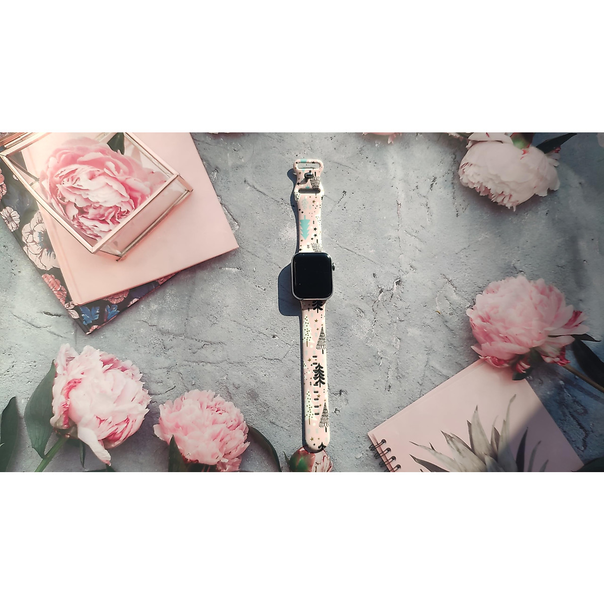 Christmas Tree Pink Background Watch Band Compatible with Apple Watch 38mm 40mm 41mm, Xmas Iwatch Bands Wristbands Soft Silicone Strap Adjustable Replacement Accessories for Series 8/7/6/SE Women Men