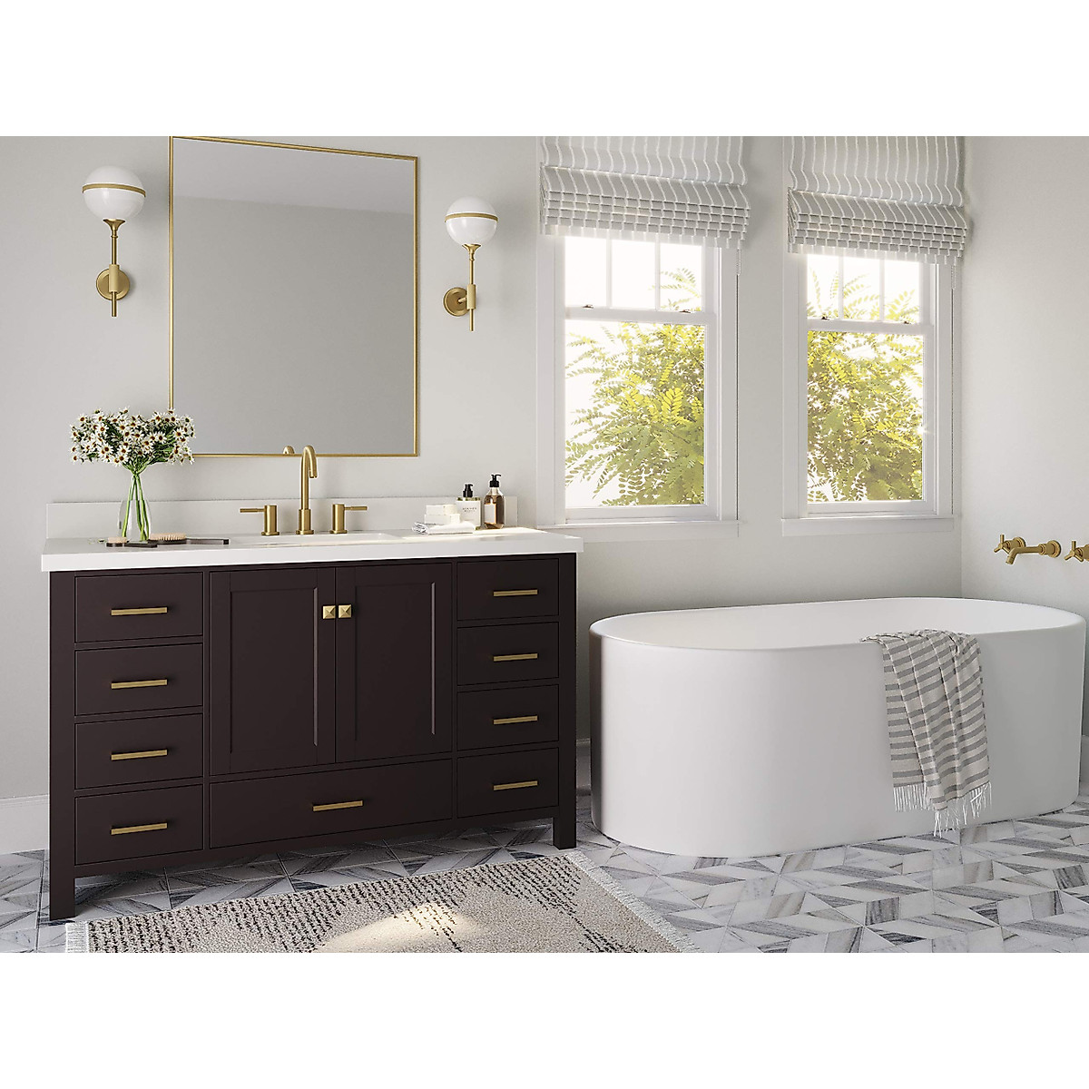 ARIEL 55" Espresso Bathroom Vanity with 1.5" Edge Pure White Quartz Countertop & Backsplash, Center Rectangular Sink, 2 Soft Closing Doors, 9 Full Extension Dovetail Drawers, Satin Brass
