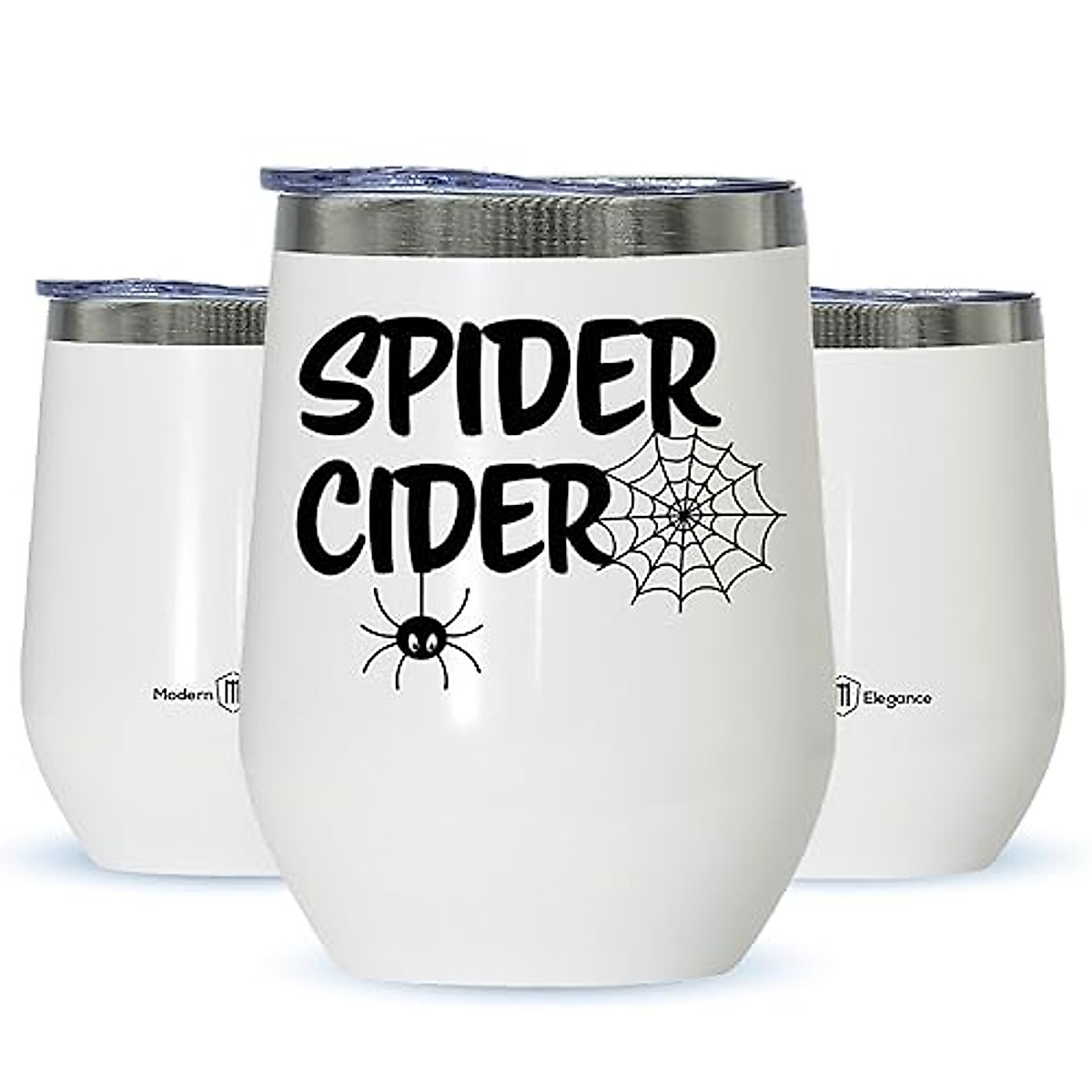 Halloween Tumbler Stemless Wine Glass – 12Oz Wine Tumbler with Straw– Cute Spider Insulated Steel Tumblers Halloween Cup – Spill-Proof, Reusable Halloween Mugs (Modern White - Spider Cider)