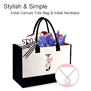 Initial Canvas Tote Bag.Large Canvas Tote Bag for Women.Personalized Birthday Gifts for Women Teacher Bridesmaid.Floral Monogram Tote Bag with Pocket & Initial Necklace. Black/White