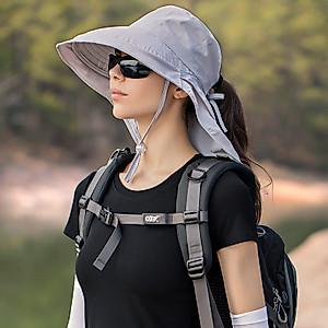 Women Sun Hats UV Protection Wide Brim Foldable Ponytail Hole Beach Hats with Neck Cover for Gardening (Light Grey)