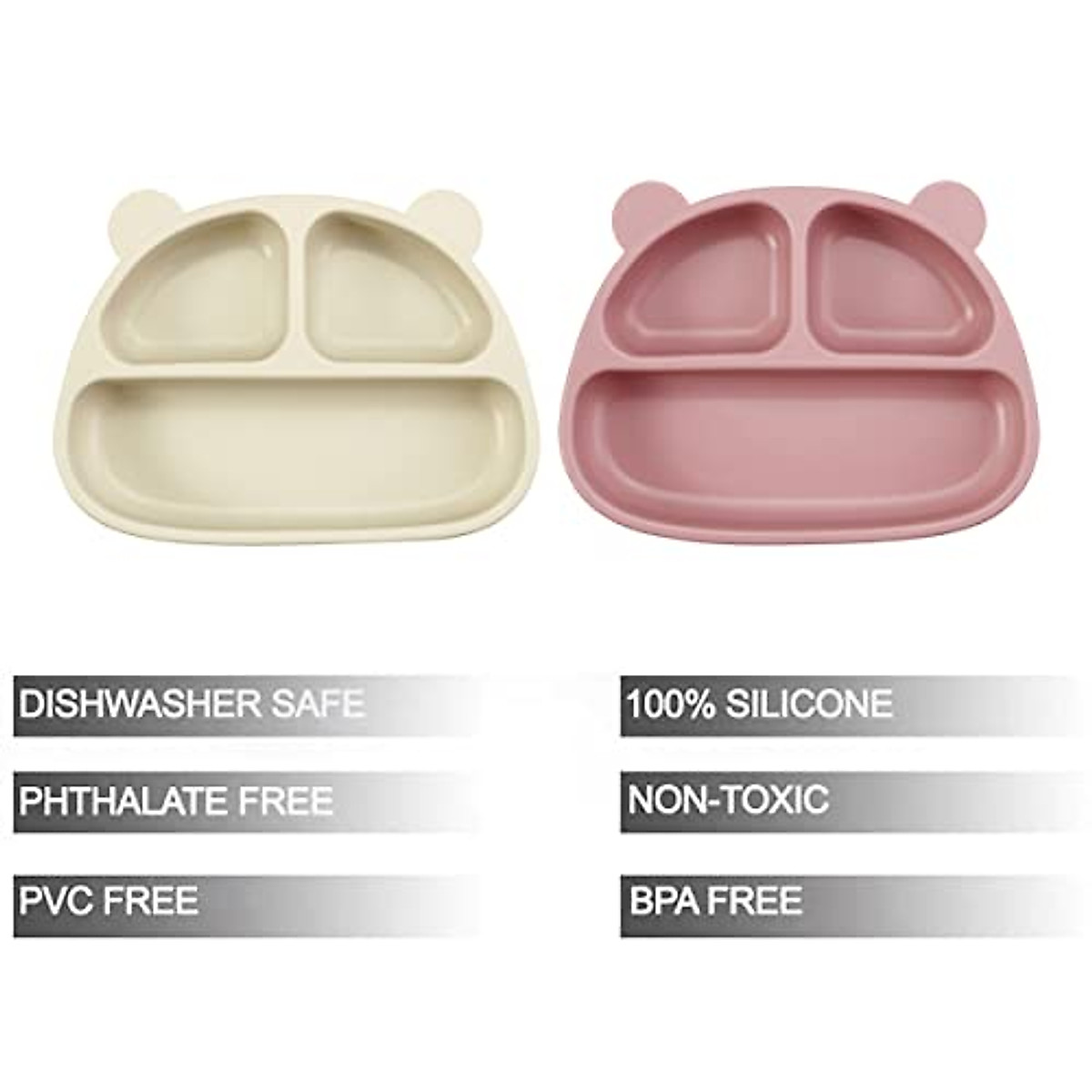 PandaEar 2 Pack Silicone Baby Suction Plates with 2 Spoons for Self Feeding, 100% Silicone Kids Toddler Suction Plates, Divided Baby Plate Set, Microwave & Dishwasher Safe, BPA Free