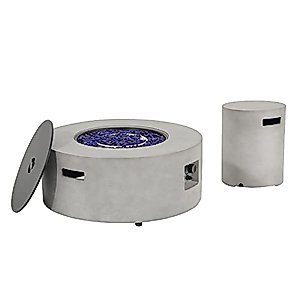 SUNSITT Outdoor 36’’ Propane Fire Pit with Tank Table 50,000 BTU Round Patio Propane Firepit Table with Tank Holder, Pit Cover, Metal Lid & Fire Glass, Grey Finish