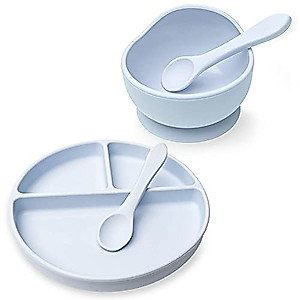Ullabelle Toddler Plates, Bowls, & 2 Spoons for Babies - Silicone Suction Non-Slip Baby Feeding Set Kids - BPA Free (Blue)