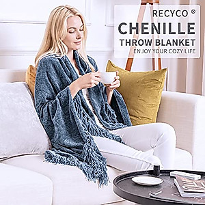RECYCO Throw Blanket Soft Cozy Chenille Throw Blanket with Fringe Tassel for Couch Sofa Chair Bed Living Room Gift (Dusty Blue, 50'' x 60'')
