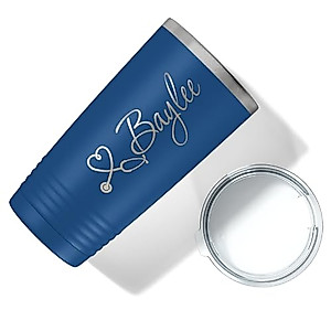 Personalized Heart Stethoscope Tumbler Gift for Nurse, RN, LPN, CNA, CMA, MA Laser Engraved on Blue 20 oz Stainless Steel Tumbler with Lid - Insulated Cup - Custom Travel Mug