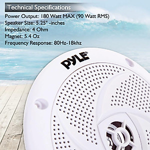 Pyle Marine Speakers - 5.25 Inch 2 Way Waterproof and Weather Resistant Outdoor Audio Stereo Sound System with 180 Watt Power and Low Profile Slim Style - 1 Pair - PLMRS5W (White)