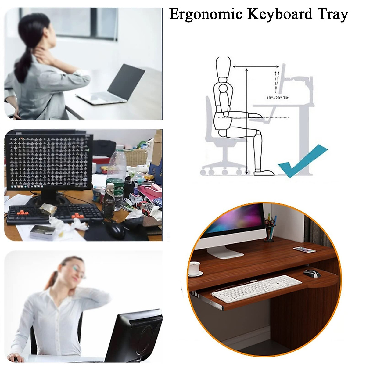 V3VOGUE Wooden Keyboard Tray Under Desk Push-Pull Keyboard Holder - Ergonomic Desk Extender Bracket 600/700x260mm, Improve Sitting Posture, Protection Eyesight, Slide Keyboard Drawer