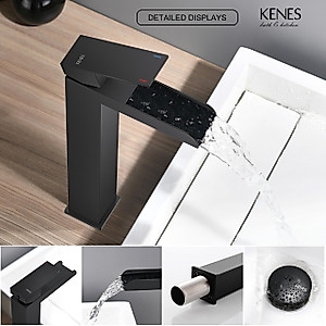 KENES Tall Bathroom Vessel Sink Faucet, Matte Black Tall Waterfall Bathroom Faucet, Single Handle Waterfall Bathroom Faucet Lavatory Vanity Faucet with Pop Up Drain & Water Supply Hoses LJ-9035A-2