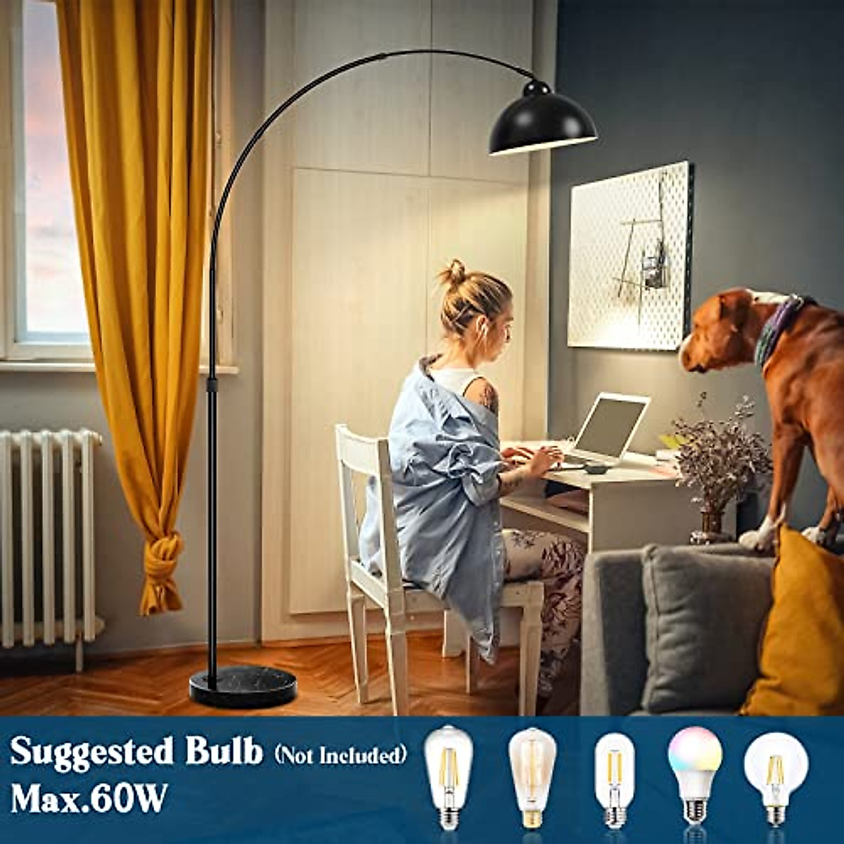 Modern 73" Arc Floor Lamp with Metal Hanging Dome Shade, Industrial Adjustable Over the Couch Stand Up Light, Marble Base Farmhouse Tall Task/Reading Standing Lamp for Living Room Bedroom Office Black