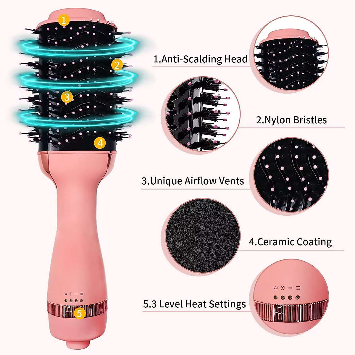 Huyerdo 4 in 1 Hair Dryer Brush, Pink Hot Air Brush Blow Dryer Brush in One, with Titanium Barrel, Hair Styler for Smooth, Negative Ion Anti-Frizz Blowout Hair Dryer Brush for Women