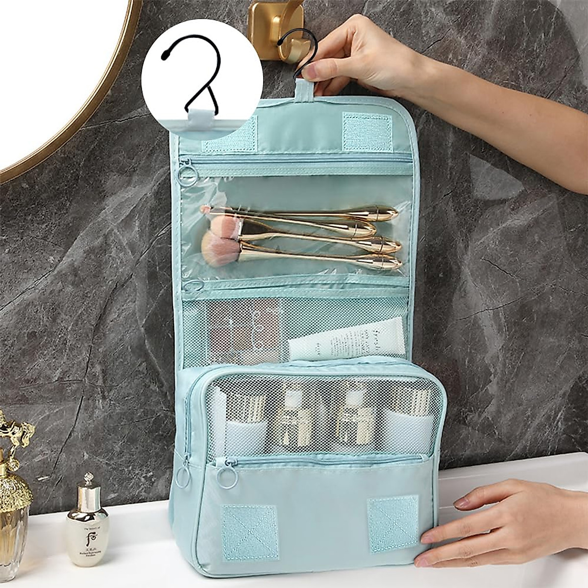 SRVR Toiletry Bag for Women Hanging Toiletry Bag Water Resistant，Cosmetic Makeup Travel Organizer with Hanging Hook (Light Blue)