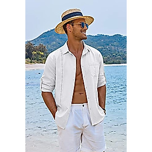 COOFANDY Guayabera Shirts for Men Long Sleeve Cuban Beach Shirts Casual Linen Button Down Shirts White