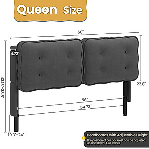 DICTAC Headboard for Queen Size with Storage Space Modern Linen Fabric Upholstered Headboard Queen Size,Adjustable Height,Biscuit Shape,No Bracket Adapter Required,Easy Assembly, Dark Grey