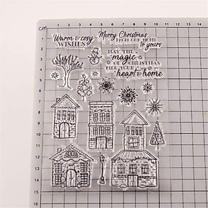 arriettycraft Merry Christmas House Clear Stamps for Card Making or Journaling, Snowflakes Trees Christmas Greetings Rubber Stamps for Journals Scrapbooking Album Decoration