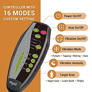Mynt Vibration Massage Seat Cushion Memory Foam Support Chair Pad, Back Massager with 8 Vibrating Motors & Soothing Heat,Electric Seat Massager for Home Office Use(Black)