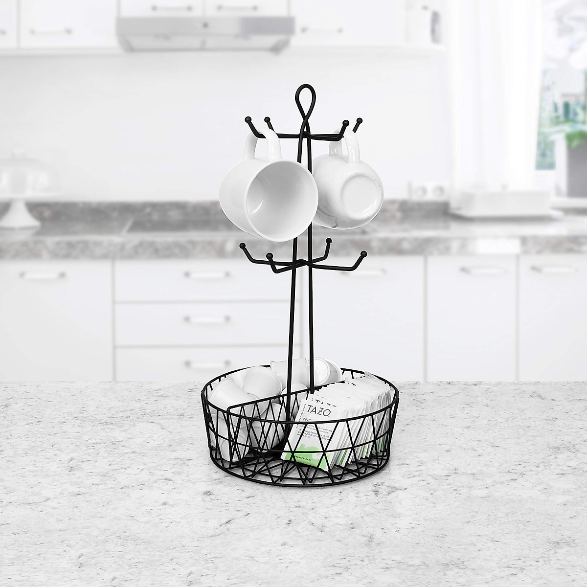 Spectrum Diversified Paxton 8 Holder & Coffee Station Organizer Rustic Twist Designed Coffee Rack & Coffee Accessory Storage, Mug Tree for Kitchens, Offices, Parties & More, Black