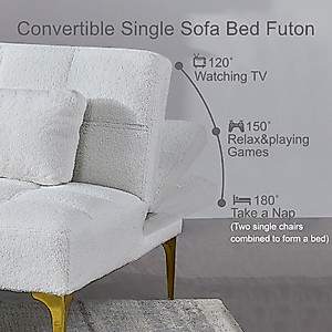 Convertible Single Sofa Bed Futon with Adjustable Backrest. Modern Teddy Fabric Leisure Multi-Functional Lounge Chair with Pillow and Gold Metal Legs for Small Living Room. Apartment or Studio (White)