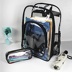 KingBig Clear Backpack Stadium Approved Heavy Duty PVC Bookbag Transparent School Bag with Clear Zipper Pen Pencil Case for School,Sports,Work,Stadium,Security Travel,College.