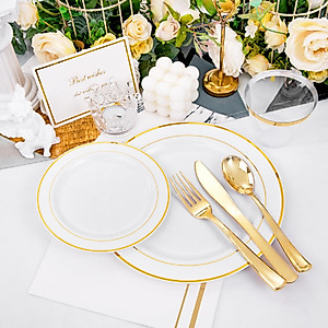 GATHER 350pcs Gold Plastic Plates - Disposable Plastic Dinnerware Set Include 50 Gold Dinner Plates, 50 Gold Salad Plates, 150 Silverware, 50 Napkins, 50 Cups Perfect for Party & Wedding