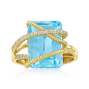 Ross-Simons 9.25 Carat Sky Blue Topaz and .15 ct. t.w. Diamond Crisscross Ring in 14kt Yellow Gold. Size 7
