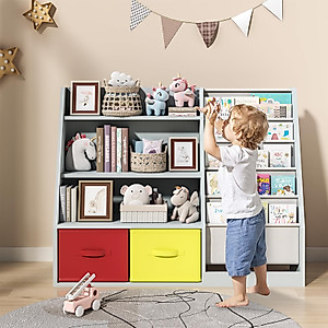 BAIJIALI 4 Tier Kids Wooden Bookshelf,5 Layer Sling Children Bookcase with 2 Drawers,Storage Book Rack,Book Toy Organizer Cabinet,for Kids Room,Playroom, Kindergarten,Nursery (Grey)
