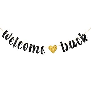 Welcome Back Banner, Returning Home Party Supplies, Happy Retirement Sign, Welcome Home Theme, Back to School Party Decorations Black Glitter